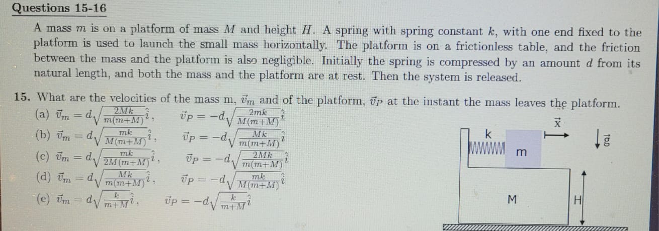 Solved Questions 15-16A mass m ﻿is on a platform of mass M | Chegg.com