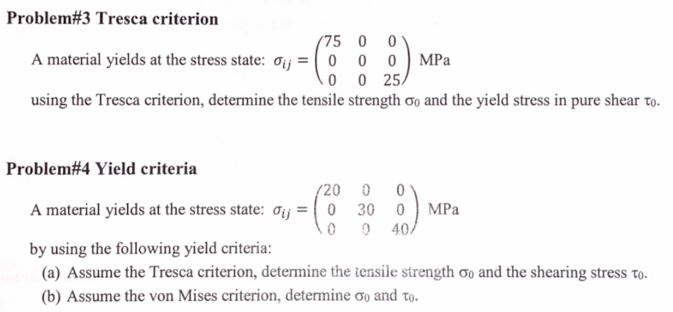 Solved Problem#3 Tresca criterion (75 0 0 A material yields | Chegg.com