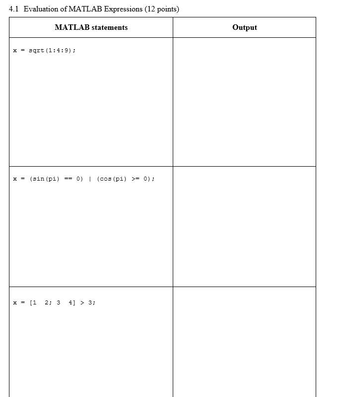 Solved 4.1 Evaluation of MATLAB Expressions (12 points) | Chegg.com