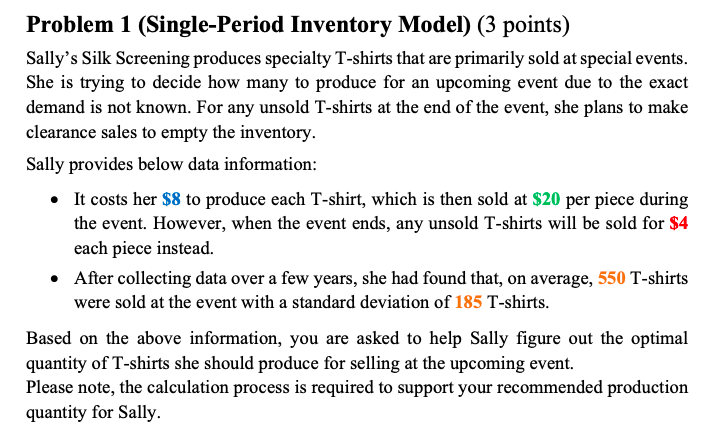 Solved Problem 1 (Single-Period Inventory Model) (3 points) | Chegg.com