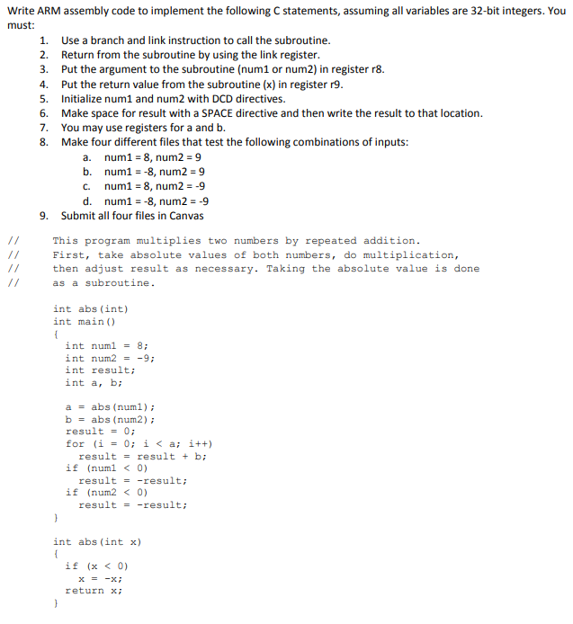 Write ARM assembly code to implement the following C | Chegg.com