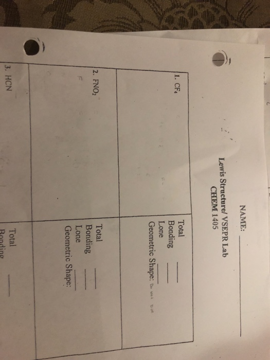 Solved NAME: Lewis Structure/ VSEPR Lab CHEM 1405 Total | Chegg.com
