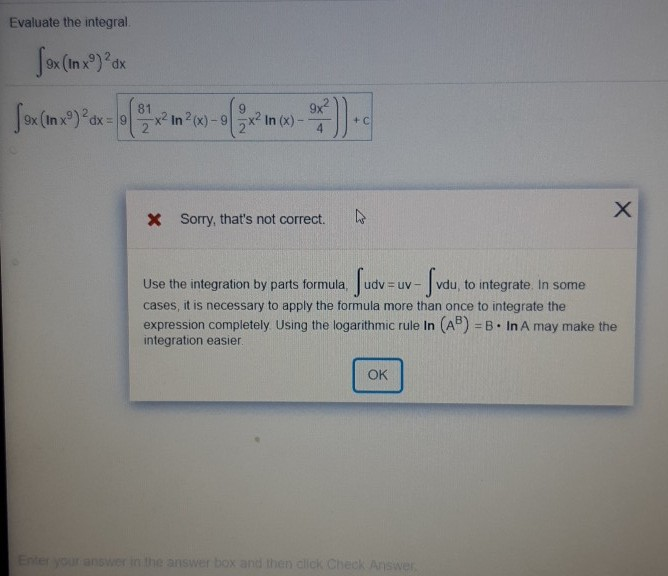 Solved Evaluate the integral. 9x(In x)dx 9x In (x) 81 C C | Chegg.com