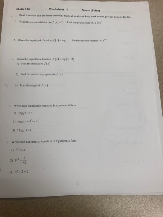 Solved Math 110 Worksheet 7 Name (Print) Read direetion and | Chegg.com