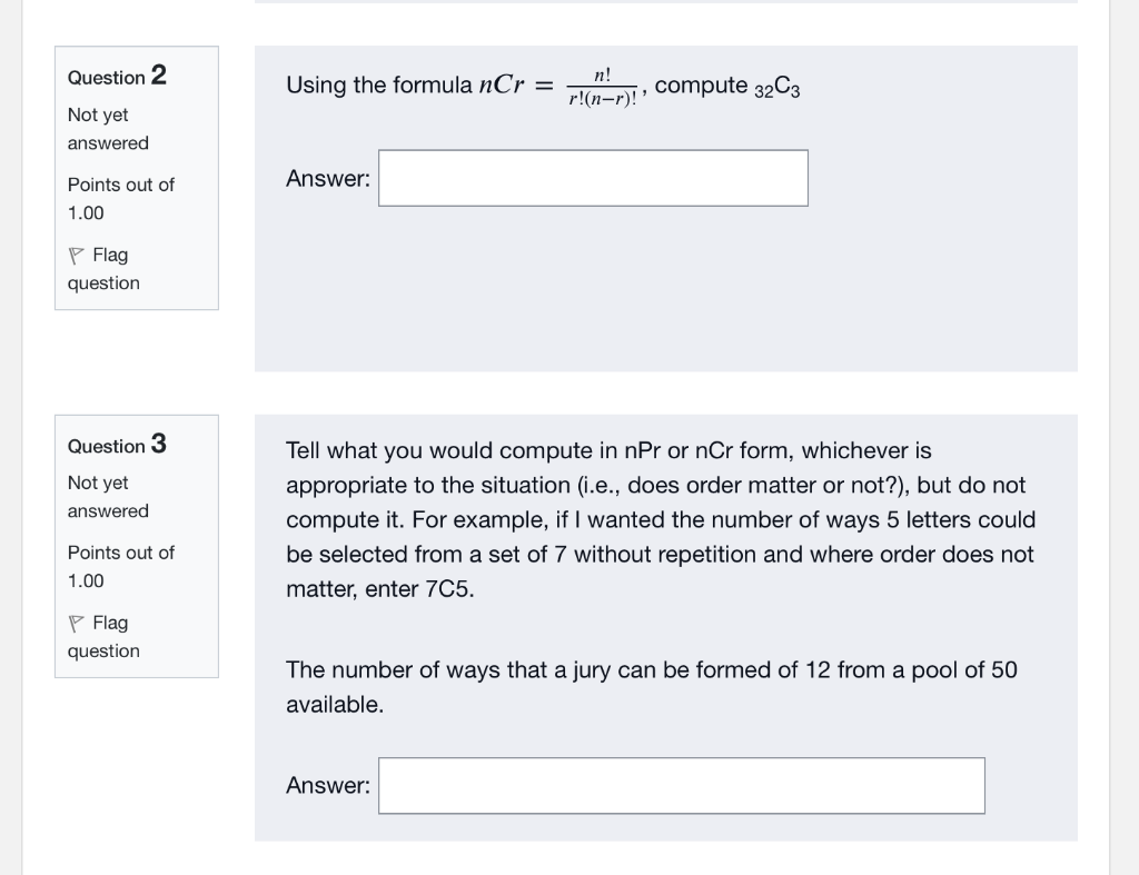 Solved Question 2 Using the formula nCr = n! r!(n-r)!' | Chegg.com