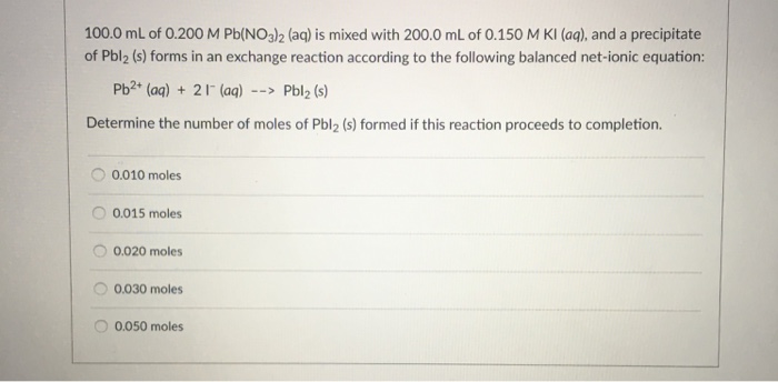 Solved 100.0 mL of 0.200 M Pb(NO3)2 (aq) is mixed with 200.0 | Chegg.com