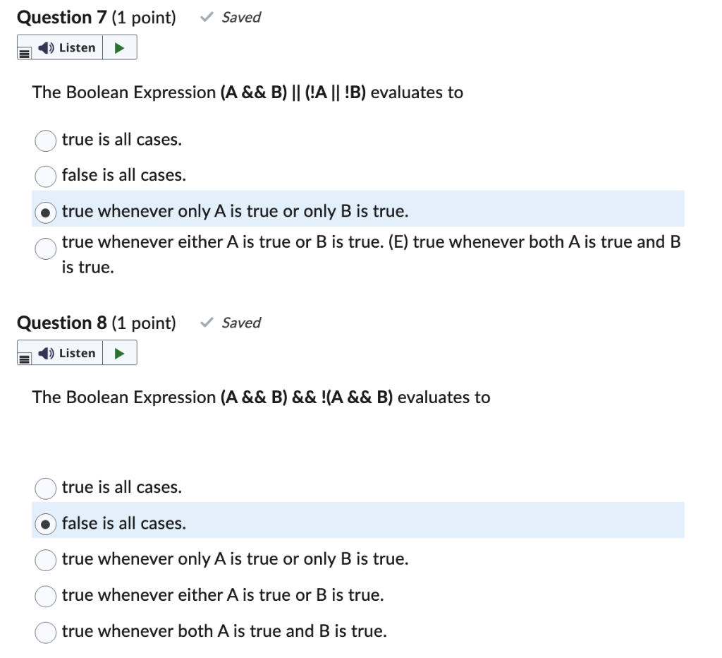 Solved The Boolean Expression (A \& \& B) \| (!A \| !B) | Chegg.com
