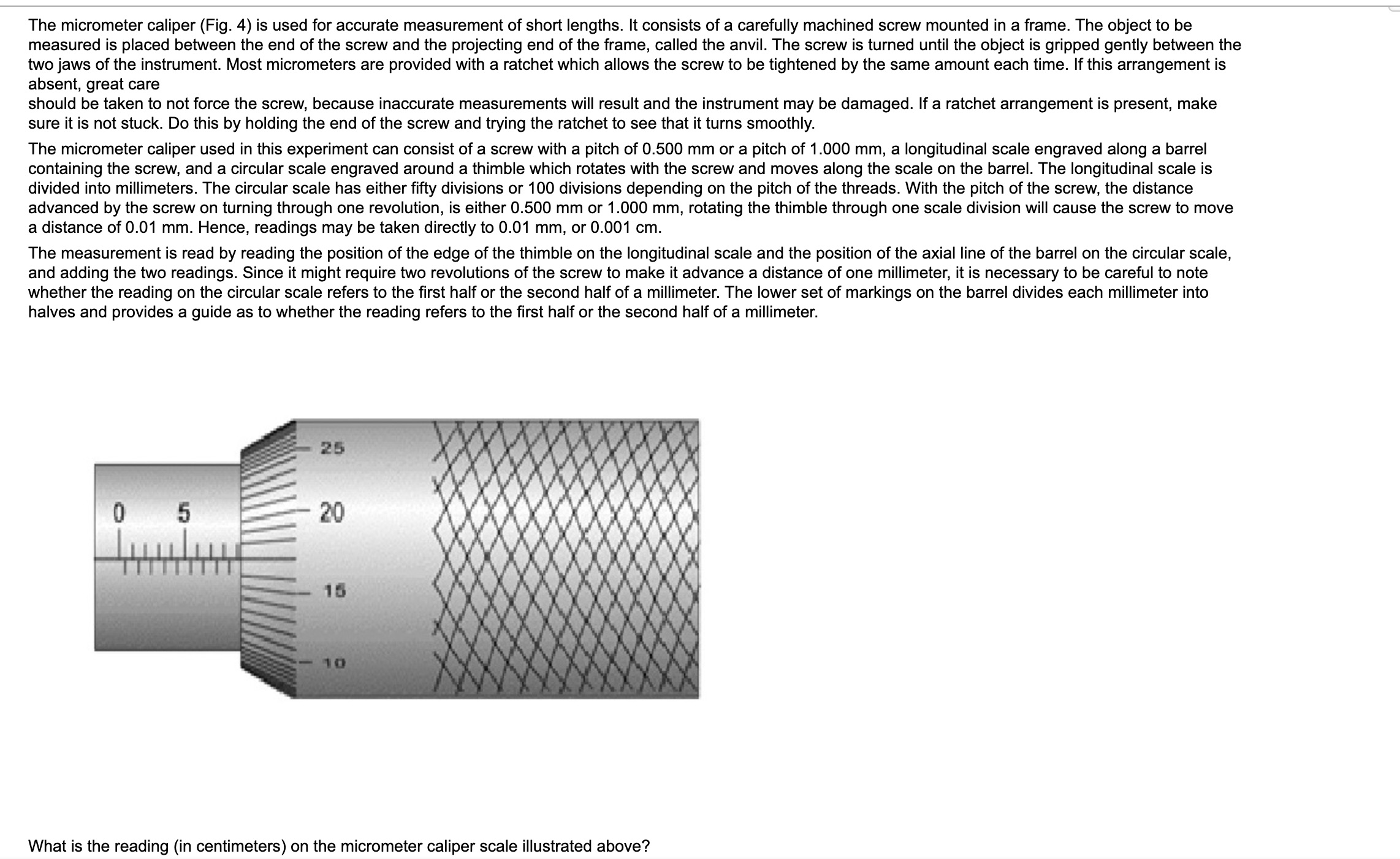 Solved The micrometer caliper (Fig. 4) is used for accurate | Chegg.com