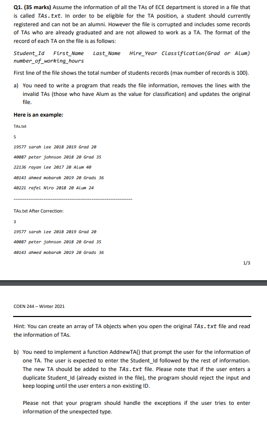 Solved Q1. (35 marks) Assume the information of all the TAs | Chegg.com