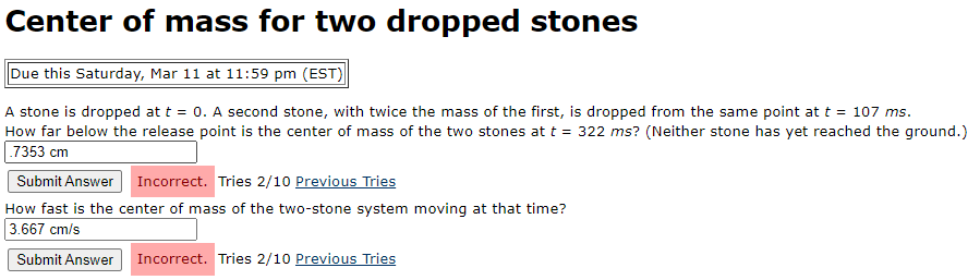 Solved Center of mass for two dropped stones A stone is | Chegg.com