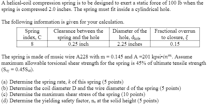 Solved A helical-coil compression spring is to be designed | Chegg.com