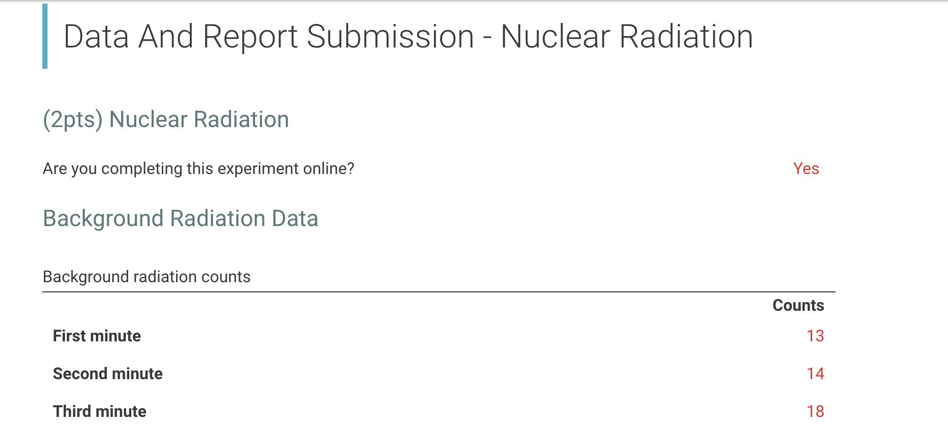 Solved Data And Report Submission - Nuclear Radiation (2pts) | Chegg.com