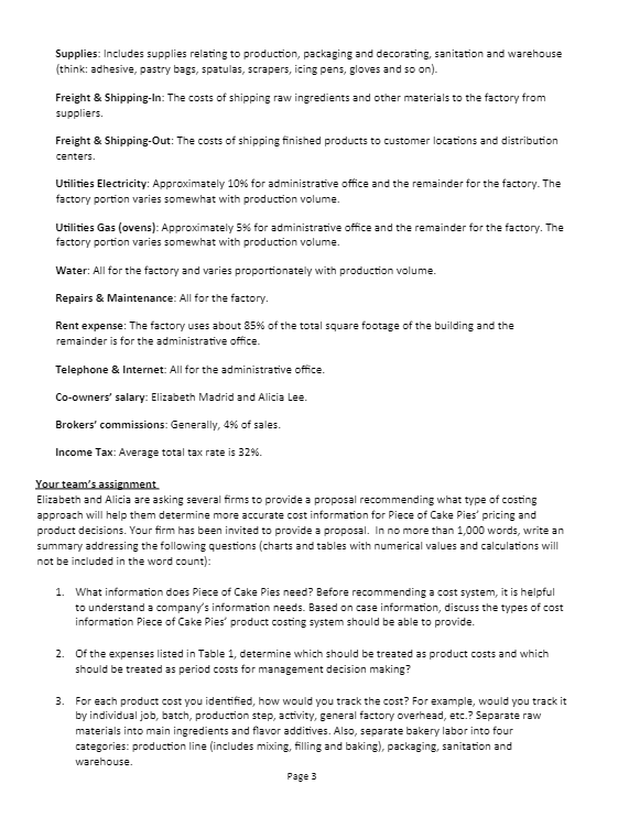Solved Piece of Cake Pies Case Study A history of Piece of | Chegg.com