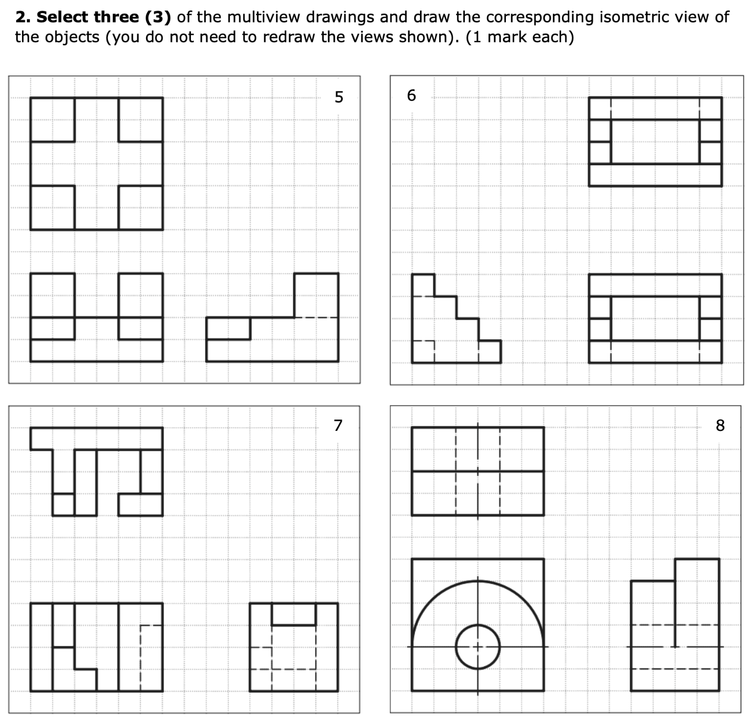 Solved Select three (3) ﻿of the multiview drawings and draw | Chegg.com