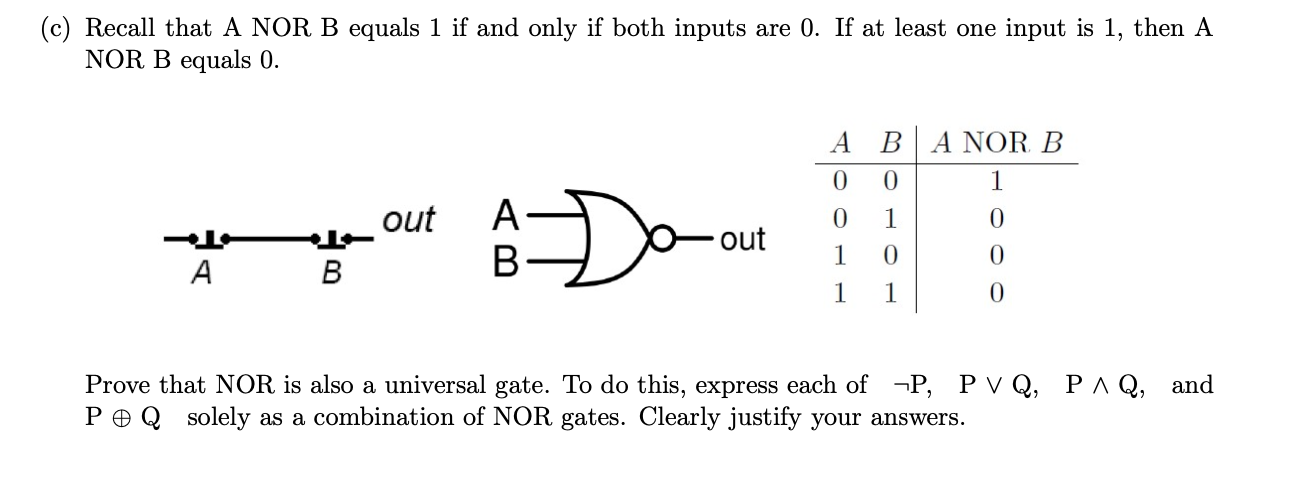 Solved c) Recall that A NOR B equals 1 if and only if both | Chegg.com