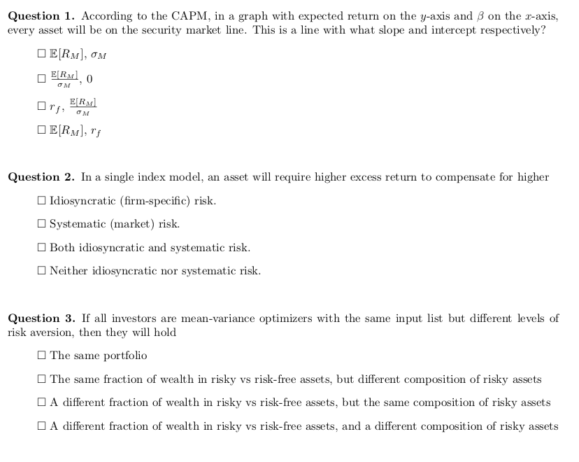 Solved Question 1 According To The Capm In A Graph With