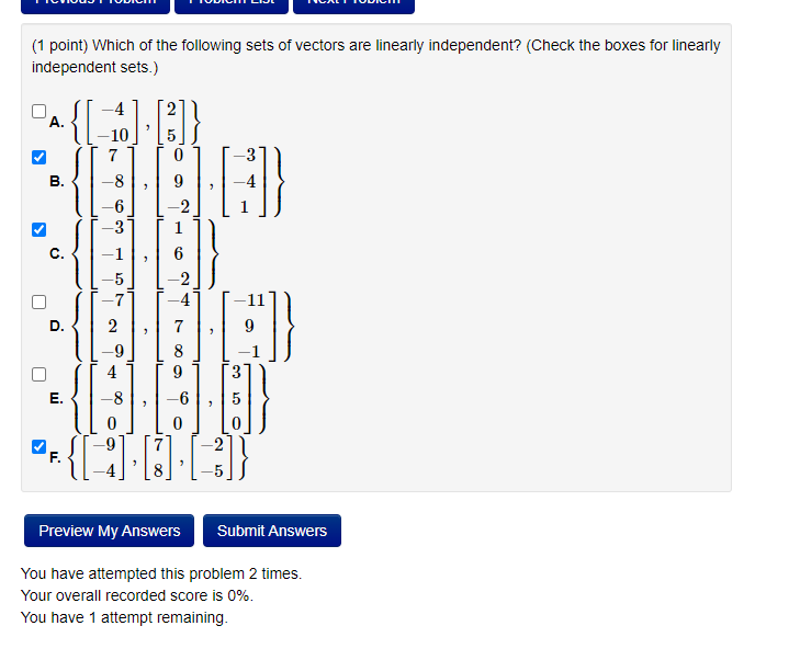 Solved (1 ﻿point) ﻿Which of the following sets of vectors | Chegg.com