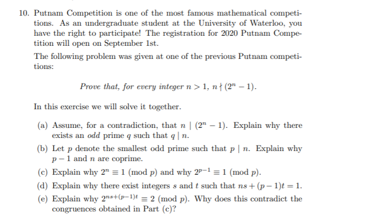 Solved 10. Putnam Competition is one of the most famous | Chegg.com