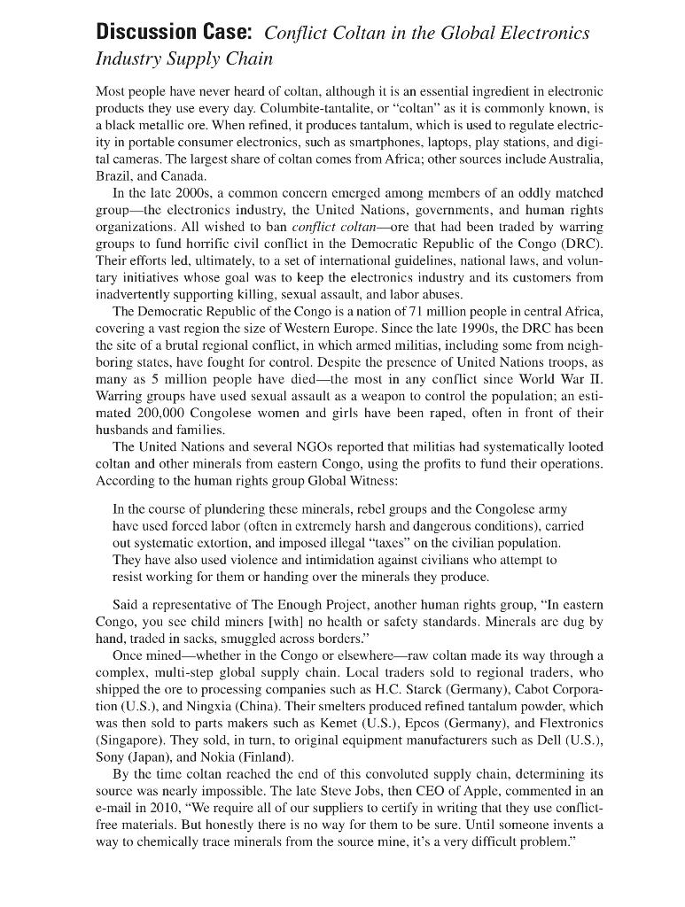 Solved Discussion Case: Conflict Coltan in the Global | Chegg.com