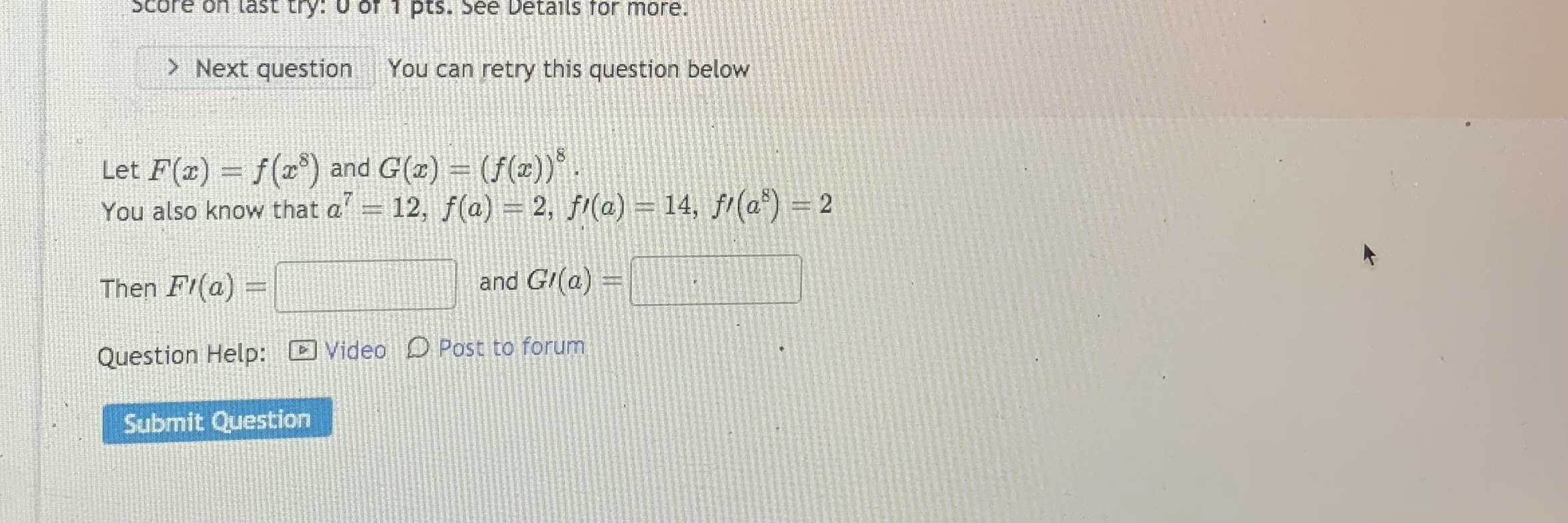 Solved You can retry this question below Let F(x)=f(x8) and | Chegg.com