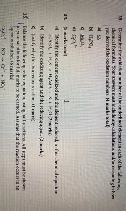 Solved 33. Determine the oxidation number of the underlined | Chegg.com