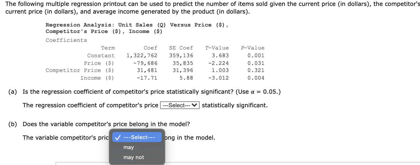 Solved The following multiple regression printout can be | Chegg.com