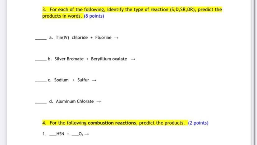 Solved Chemical Reactions Test Review Sample | Chegg.com