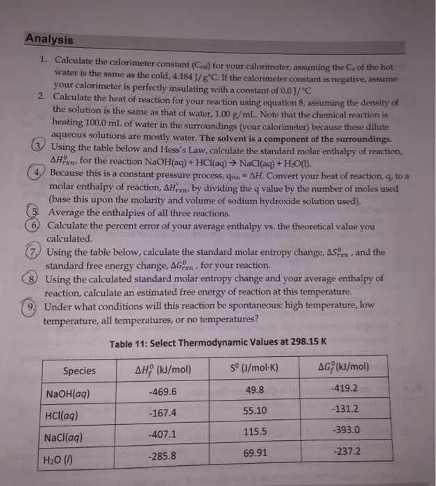 Analysis 1. Calculate the calorimeter constant (Cl) | Chegg.com