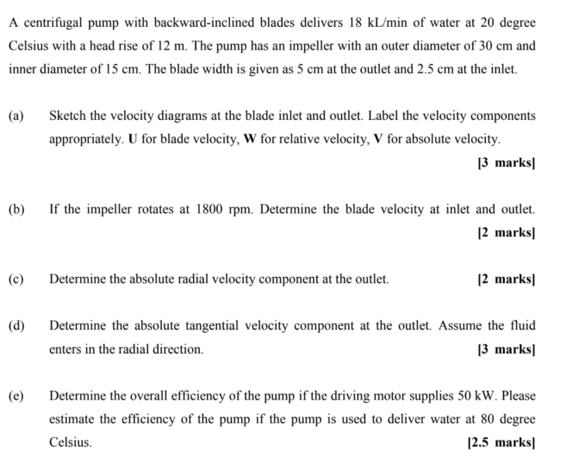 Solved A centrifugal pump with backward-inclined blades | Chegg.com