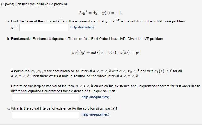Solved (1 point) Consider the initial value problem | Chegg.com