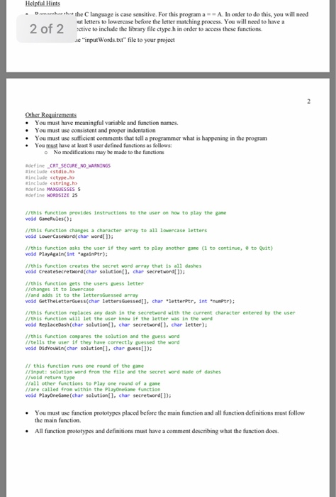 Solved Intro to Programming in C-Large Program 3-Word Game | Chegg.com