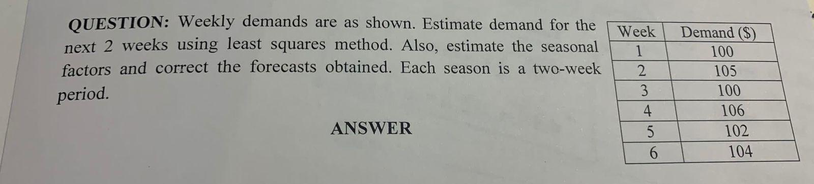 Solved QUESTION: Weekly demands are as shown. Estimate | Chegg.com