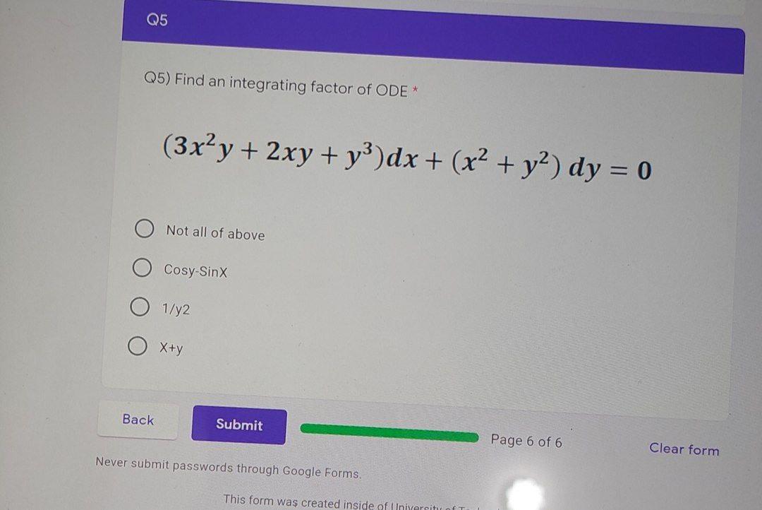 Solved Q5 Q5) Find an integrating factor of ODE* (3x²y + 2xy | Chegg.com
