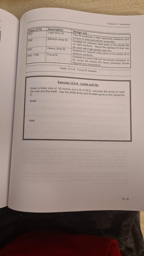 Solved Chapter 13 Tolerancing! Class of Fit Description | Chegg.com