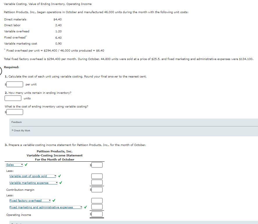 Solved Variable Costing, Value of Ending Inventory, | Chegg.com