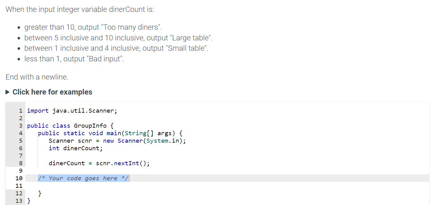 Solved When the input integer variable dinerCount is:greater | Chegg.com