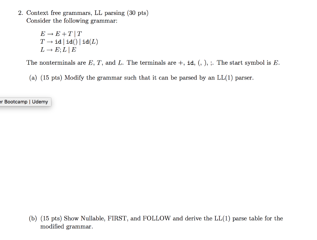 Solved 2. Context free grammars, LL parsing (30 pts) | Chegg.com