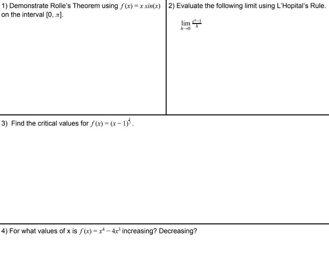 Solved 1) Demonstrate Rolle's Theorem using f(x)=xsin(x) 2) | Chegg.com