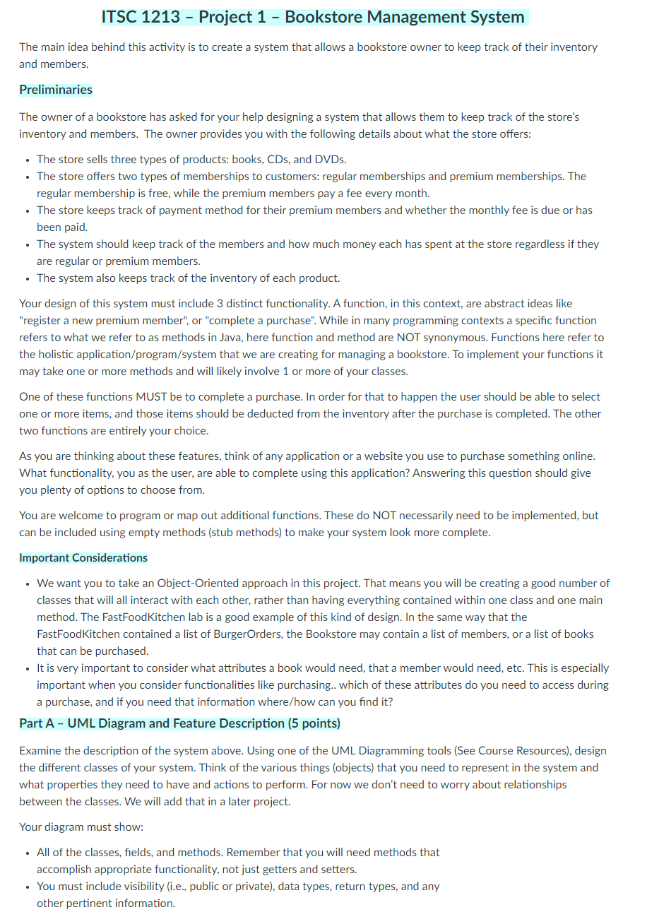 Solved ITSC 1213 - Project 1 - Bookstore Management System | Chegg.com