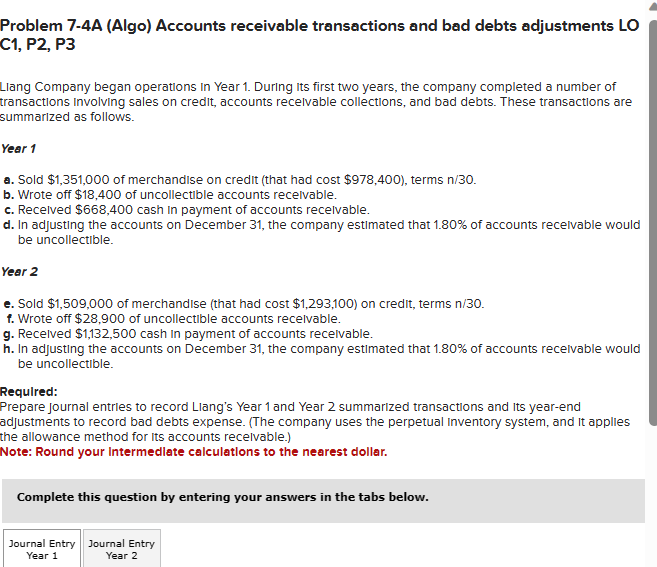 Solved Problem 7-4A (Algo) Accounts receivable transactions | Chegg.com
