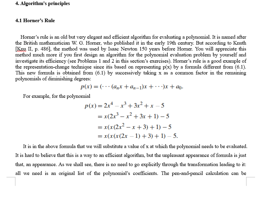 4. Algorithm's principles 4.1 Horner's Rule Horner's | Chegg.com