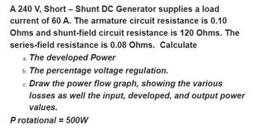 Solved A 240 V, Short - Shunt DC Generator supplies a load | Chegg.com