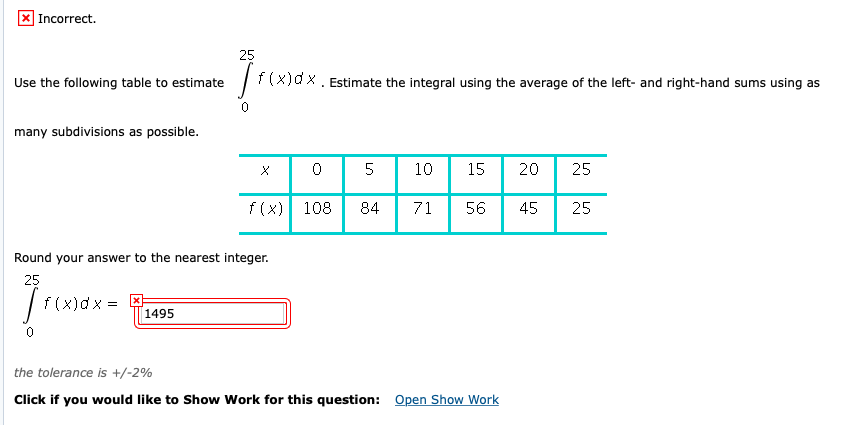 Solved xIncorrect. 25 Use the following table to estimatX)d | Chegg.com