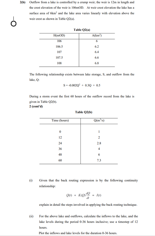Solved 2(b) Outflow from a lake is controlled by a crump | Chegg.com