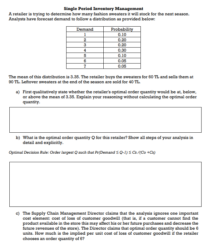 Solved Single Period Inventory Management A retailer is | Chegg.com