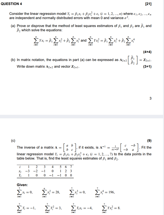 Solved QUESTION 4 [21] Consider the linear regression model | Chegg.com