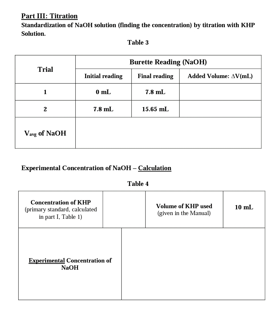 Preparatory experiment for Titration: Standardization | Chegg.com