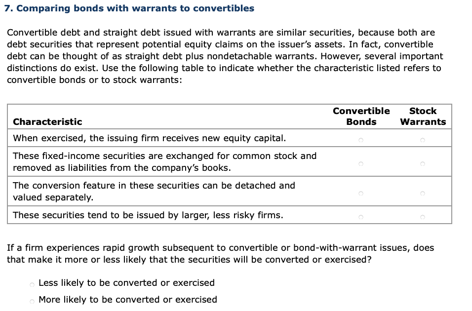 Solved 7. Comparing bonds with warrants to convertibles | Chegg.com