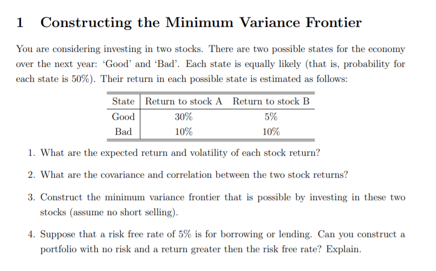 Solved 1 Constructing the Minimum Variance Frontier You are | Chegg.com