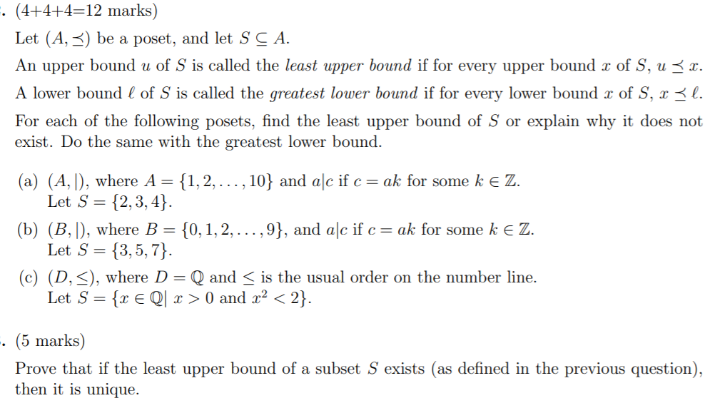 Solved (4+4+4=12 marks) Let (A, be a poset, and let SC A An | Chegg.com